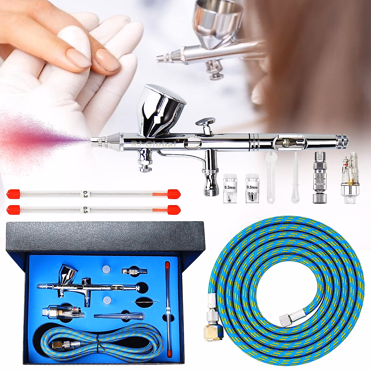 RJ-Global Airbrush Kit Dual Action Spray Gun, Air Brush for Painting Set with 0.3, 0.2, 0.5mm Needles/Nozzles/Air Cap, 1/3 oz Paint Cup, Air Hose, for Tattoo Nail, Makeup, Model, Art Hobby Painting