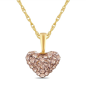 Jewelili Puffed Heart Necklace Pendant 10K Yellow Gold with Light Peach Round Cubic Zirconia 18 inch 14K Gold Filled Chain