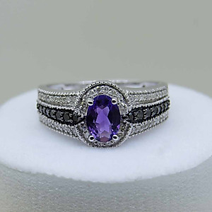 Dazzlingrock Collection Sterling Silver 7X5 Oval Cut Amethyst & Round Black & White Diamond Engagement Ring, Size 5