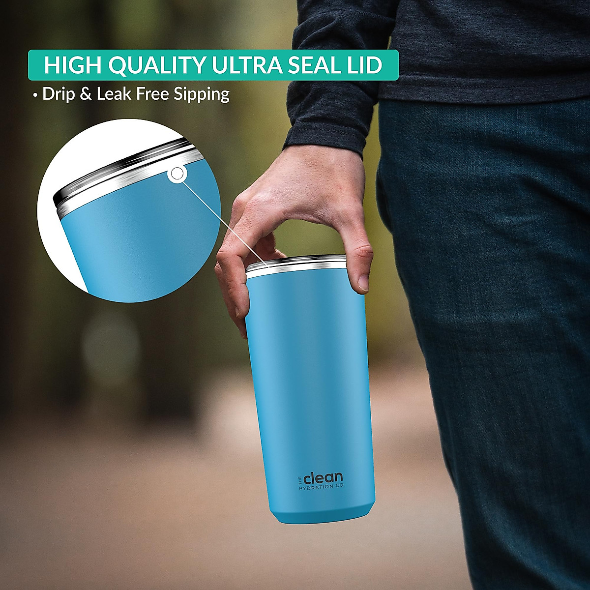 The Clean Hydration Co Insulated Stainless Steel Travel Mug Cup | Double Wall Ceramic Tumbler | No Metal Taste in Coffee Tumbler 20 Oz | Aqua