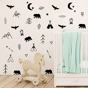 Woodland Animal Wall Decals Camping Wall Stickers Black Tree Animal and Mountain Wall Stickers Forest Animal Wall Decals for Kids Bedrooms Woodland Nursery Decor