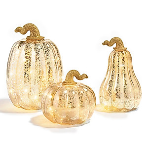 LampLust Gold Glass Pumpkin with Lights - Set of 3, Mercury Glass Style, Batteries Included, Thanksgiving Harvest Decorations, Timer, LED Lighted Gold Pumpkins for Decorating Fall Decor