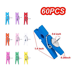 Push Pin Clips for Cork Board, 50 Pcs Colorful Push Pins with Wooden Clips Decorative Assorted Colors Thumbtack Pushpins Tacks for Bulletin Board Decorations, Artworks, Notes, Photos, Office and Home