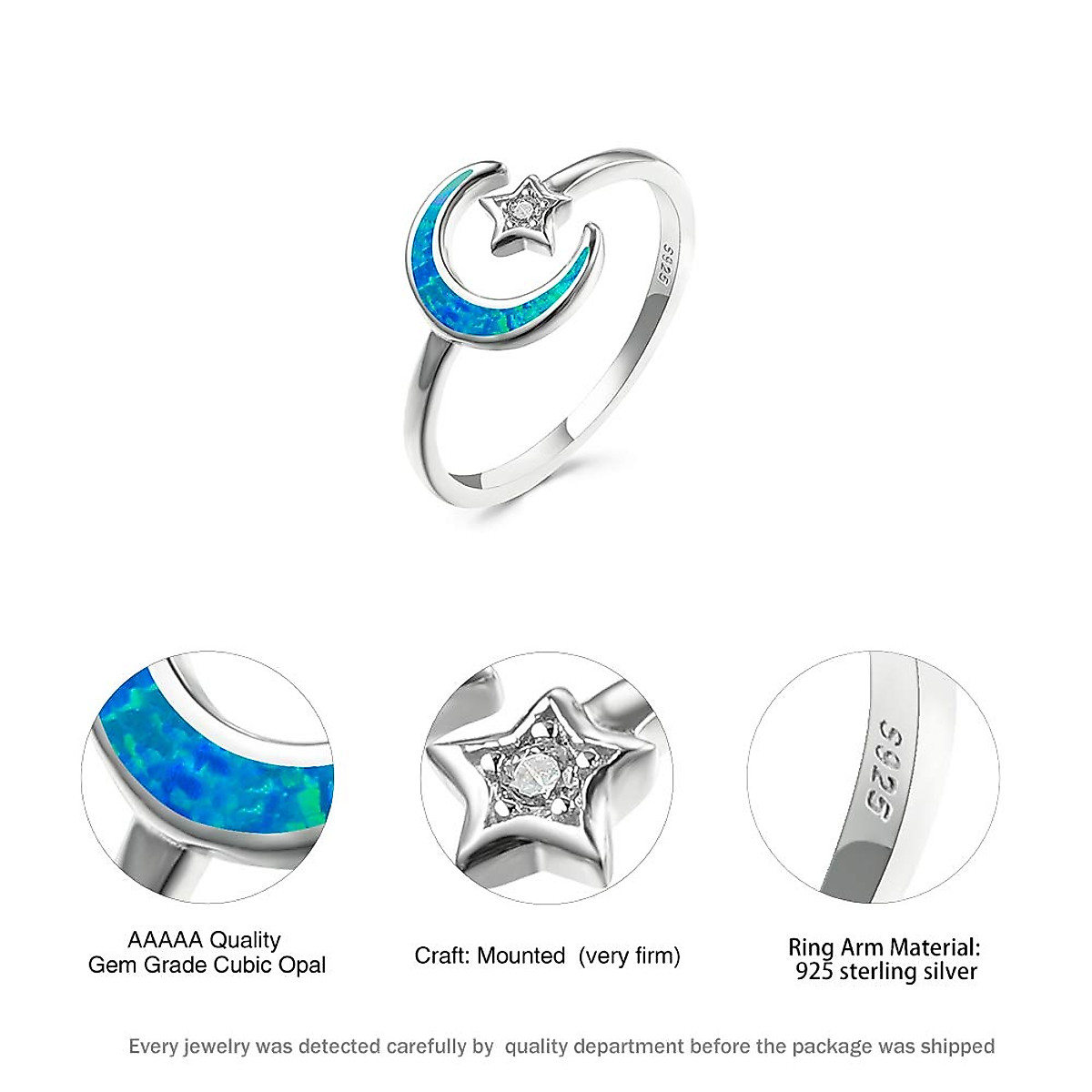 Angol Opal Moon Star Ring for Women Sterling Silver Adjustable Crescent Moon Ring 5A+ Cubic Zirconia Statement Hypoallergenic Finger Ring Gift with Box