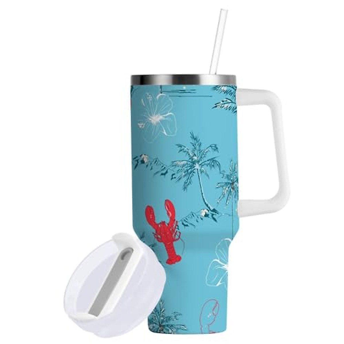 DIGTIA Stainless Steel Insulated Tumbler w/Handle & Straw, Lobster Double Wall Vacuum Travel Coffee Mug Cup w/Lid, Leak-Proof Sports Summer Beach Water Bottle,30oz