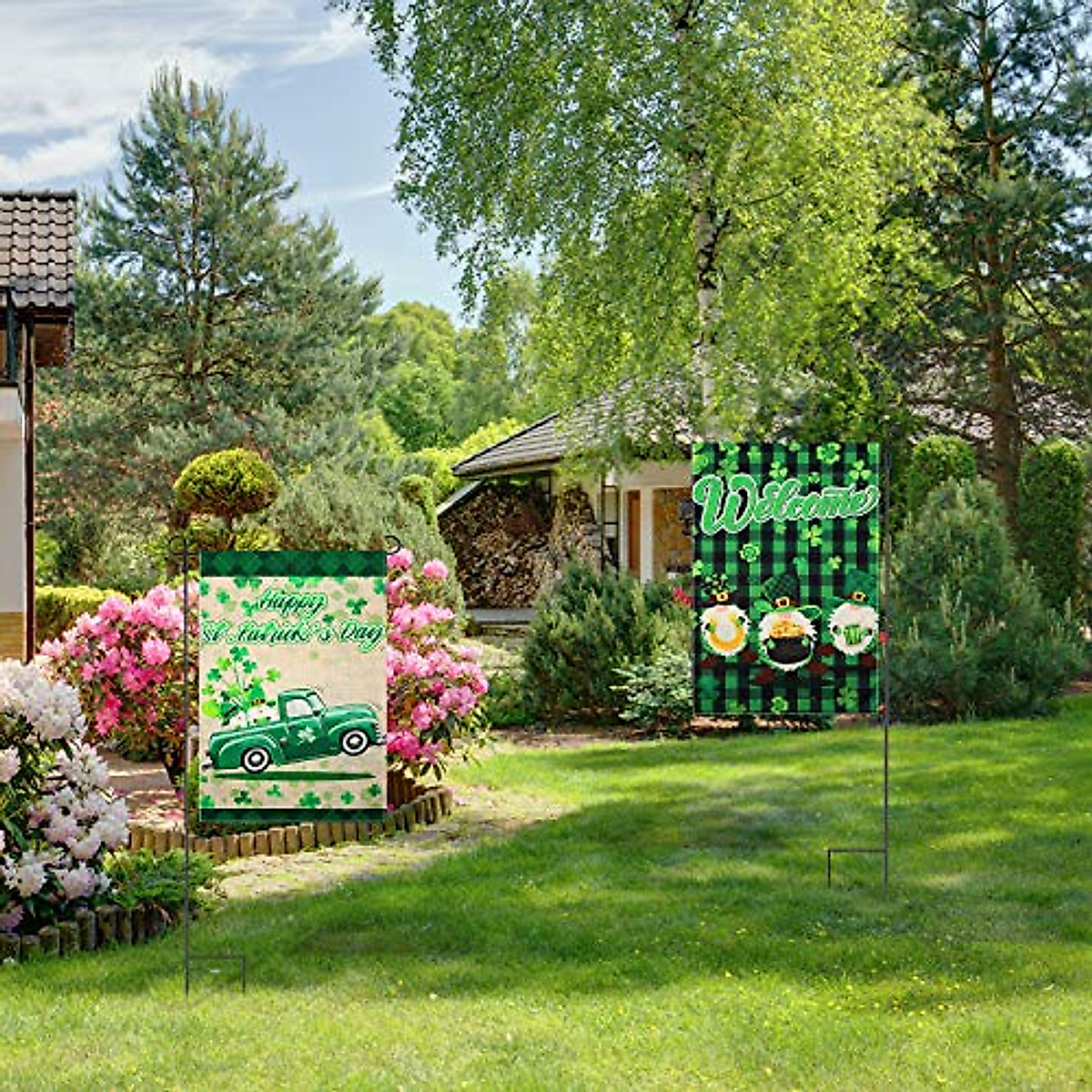 Boao 2 Pieces St Patrick's Day Garden Flag 18 x 12 Inch Saint Patty's Day Welcome Gnome Irish Green Shamrock Flag Double Sided Decorative Shamrock Truck Yard Flag for Garden Home Decoration