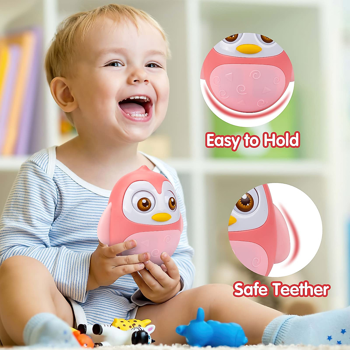 UNIH Roly Poly Baby Toys 6 to 12 Months Developmental, Tummy Time Wobbler Toy for Baby, Penguin Tumbler Wobbler Toys for Infant Boy Girl Gifts (Pink)