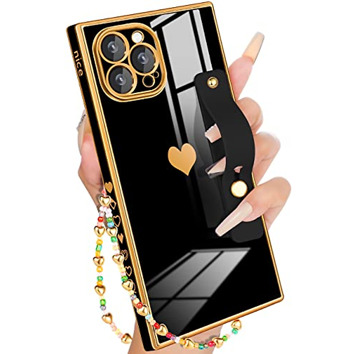 Petitian for iPhone 13 Pro Max Square Case with Loopy Stand/Strap, Luxury Cute Women Girls Heart Electroplated Designer Squared Edge Phone Cases for 13 Pro Max Black