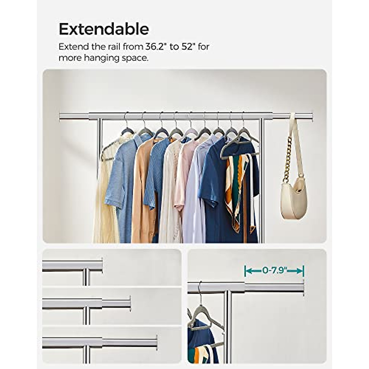 SONGMICS Clothes Rack with Wheels, Heavy-Duty Garment Rack with Extendable Hanging Rod, 286.6 lb Load Capacity, Clothing Rack for Hanging Clothes, All Metal, Chrome-Plated, Silver UHSR11S