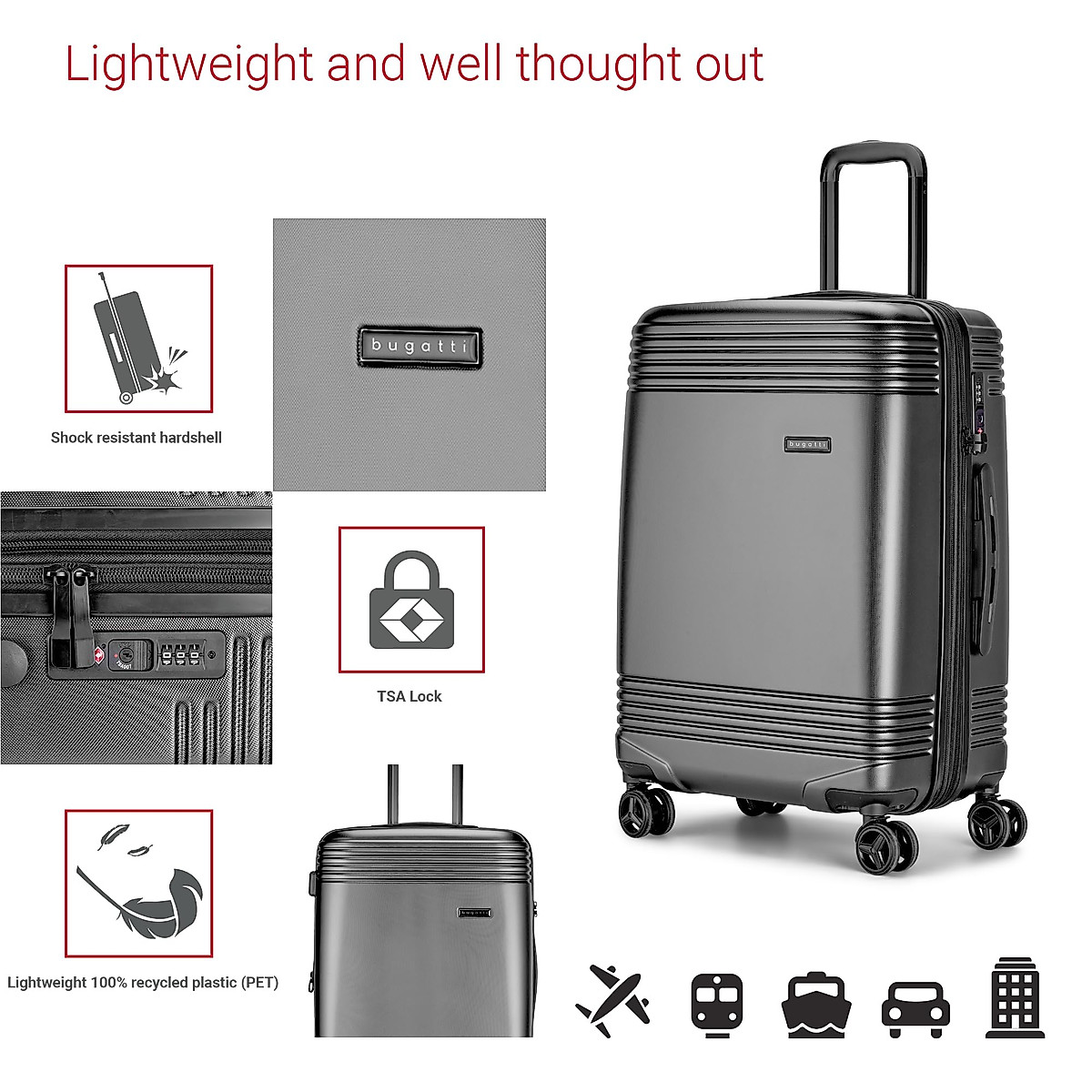 Bugatti Nashville Collection 20 Inch Hard Shell Spinner Carry On Bag for Airplanes, Hardside Expandable Suitcase with 360-Degree Spinner Wheels, Retractable Handle, Airline Approved, Charcoal