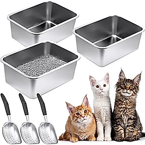 Zubebe 3 Pack Stainless Steel Cat Litter Box with 3 Pcs Cat Litter Scoop Cat Litter Box Metal Litter Scoops Never Absorbs Odor, Rustproof, Non Stick Smooth Surface (15.7 x 11.8 x 5.9 Inches)