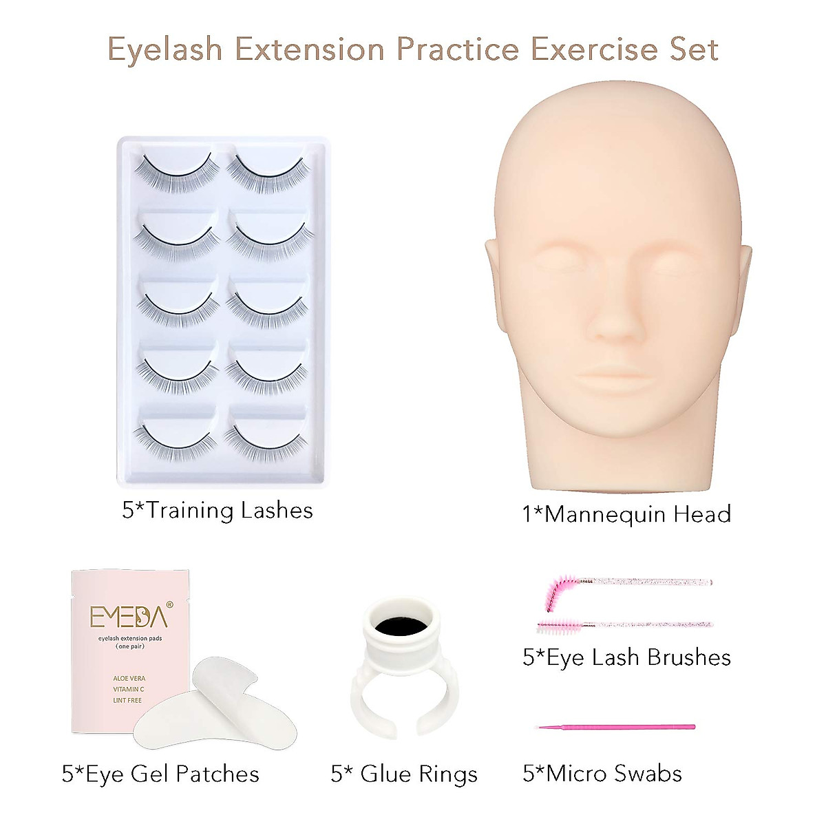 EMEDA Lash Mannequin Head Pratice Kit with 25 Pairs Pratice Strip Lashes for Training Eyelash Extensions Eyelash Mannequin Head Set with 20PCS Gift