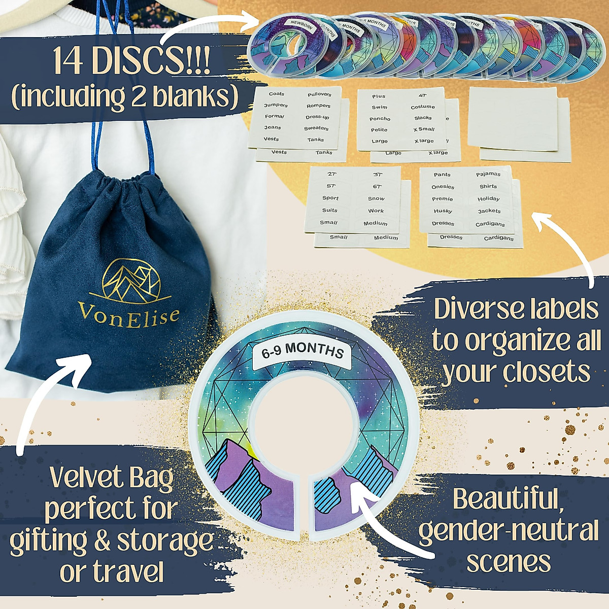 Baby Closet Dividers 14 Pcs | Baby Size Closet Dividers - 100 Stickers | Baby Closet Size Dividers - Velvet Bag | Unisex Baby Clothes Dividers for Closet Dividers for Baby Clothes Organizer Nursery