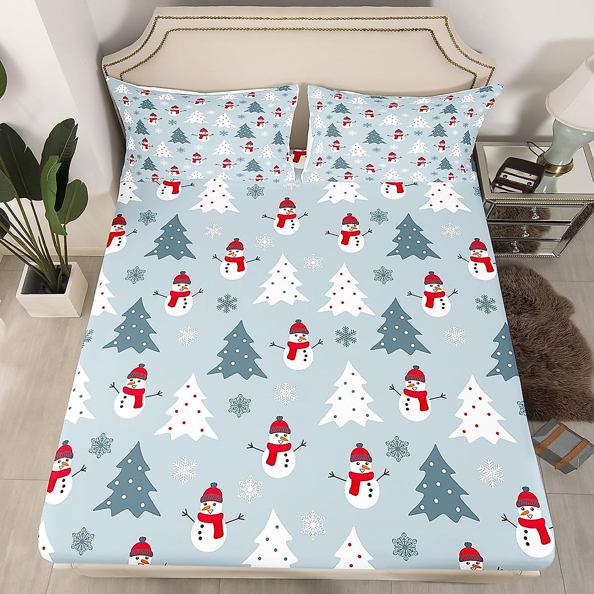 Erosebridal Snowman Bed Sheets Set for Girls Boys Kids Merry Christmas Sheet Set Full Size Christmas Themed Fitted Sheet Happy New Year Xmas Flat Sheet Winter Themed Sheets 4 Piece