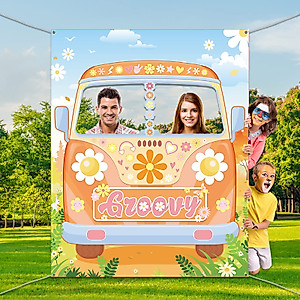 Hippie Bus Photo Prop, Groovy Birthday Party Decorations Large Fabric Hippie Bus Photo Door Banner Background Funny Selfie Frame Backdrop for 60's 70's Party Favors, 59 x 47.2 Inch (Cute Style)