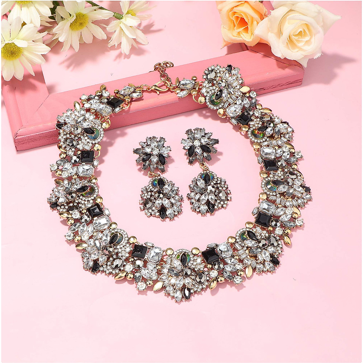 JOERICA Bib Statement Necklace for Women Chunky Choker Necklace and Earrings Set Vintage Rhinestone Statement Necklace Fashion Costume Set for Women