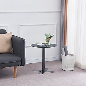 HoRunzelin Modern Round End Table, Tempered Black Glass Small Side Table for Living Room Bedroom, Rustic Snack Accent Table, Black