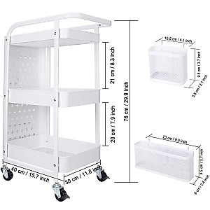 3-Tier Rolling Cart,Metal Utility Cart with Pegboard,Rolling Storage Carts with Wheels for Kitchen Living Room Office by Dailyart