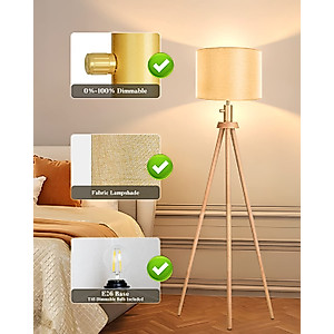 Dimmable Tripod Floor Lamp, Mid Century Standing Lamp with 0%-100% Brightness LED Bulb Beige Linen Drum Shade, E26 Socket, Bedside Lamp, Wooden Floor Lamp for Living Room, Bedroom, Office