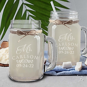 The Wedding Party Store, Mr and Mrs Mason Jar Glasses for Couples - Personalized Engraved Wedding - Custom Monogrammed - Set of 2