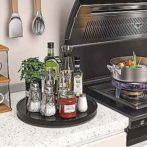 Lazy Susan Organizer for Table Cabinet,13 inch Bamboo Kitchen Countertop Organizer for Salt Olive Oil and Pepper Counter Sink Trays Wooden Turntable for Spice Soap Bottles Dining Room Decor Black