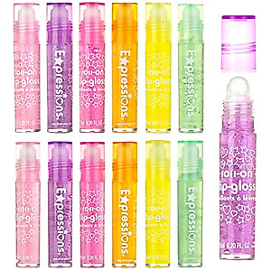 Expressions 12pc Roll On Lip Gloss Set w/Maribou Handle Carrying Case, Lip Makeup for Kids and Teens - Assorted Fruity Flavors, Non Toxic, Kid Friendly, Party Gift, Best Friends