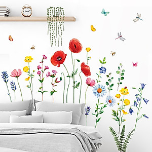 DECOWALL SG-2103 Wild Flower Wall Stickers Floral Plant Butterfly Decals Removable for Nursery Bedroom Living Room Art Home Decor murals Decoration