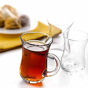 Turkish Tea Glasses With Handle - 6 pcs Tea Cups, Slim Waist Design and Thick Sole Prevent the Tea From Getting Cold, Capacity 145cc, 4 3/4 Oz, 2.5" x 4H"