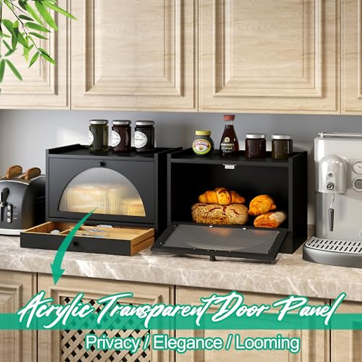 kiplant Black Bread Box for Kitchen Counter, Large Bamboo Bread Storage Container with Silverware Drawer, Bamboo Wooden Farmhouse Bread Box for Your House