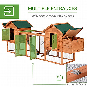 PawHut Dual Wooden Chicken Coop with Garden Bed, Large Outdoor Hen House with Nesting Boxes Removable Trays, Ramps Run, for Garden Backyard, 123" x 27.5" x 42.5", Natural Wood