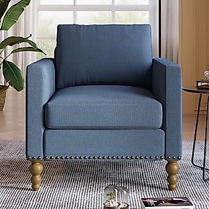 TAIGR Classic Linen Armchair Accent Chair with Bronze Nailhead Trim Wooden Legs Single Sofa Couch for Living Room, Bedroom, Balcony, Navy Blue