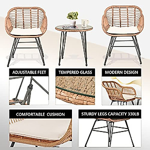 Leasbar 3 Piece Patio Conversation Bistro Set Porch Furniture Rattan Wicker Chairs，Outdoor Modern Garden Furniture Set for Porch Backyard Pool