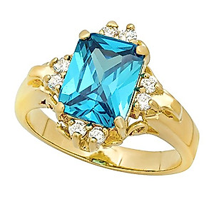 The Bling Factory Gold Plated Blue Emerald-Cut CZ Solitaire Ring w/CZ Accents, Size 8
