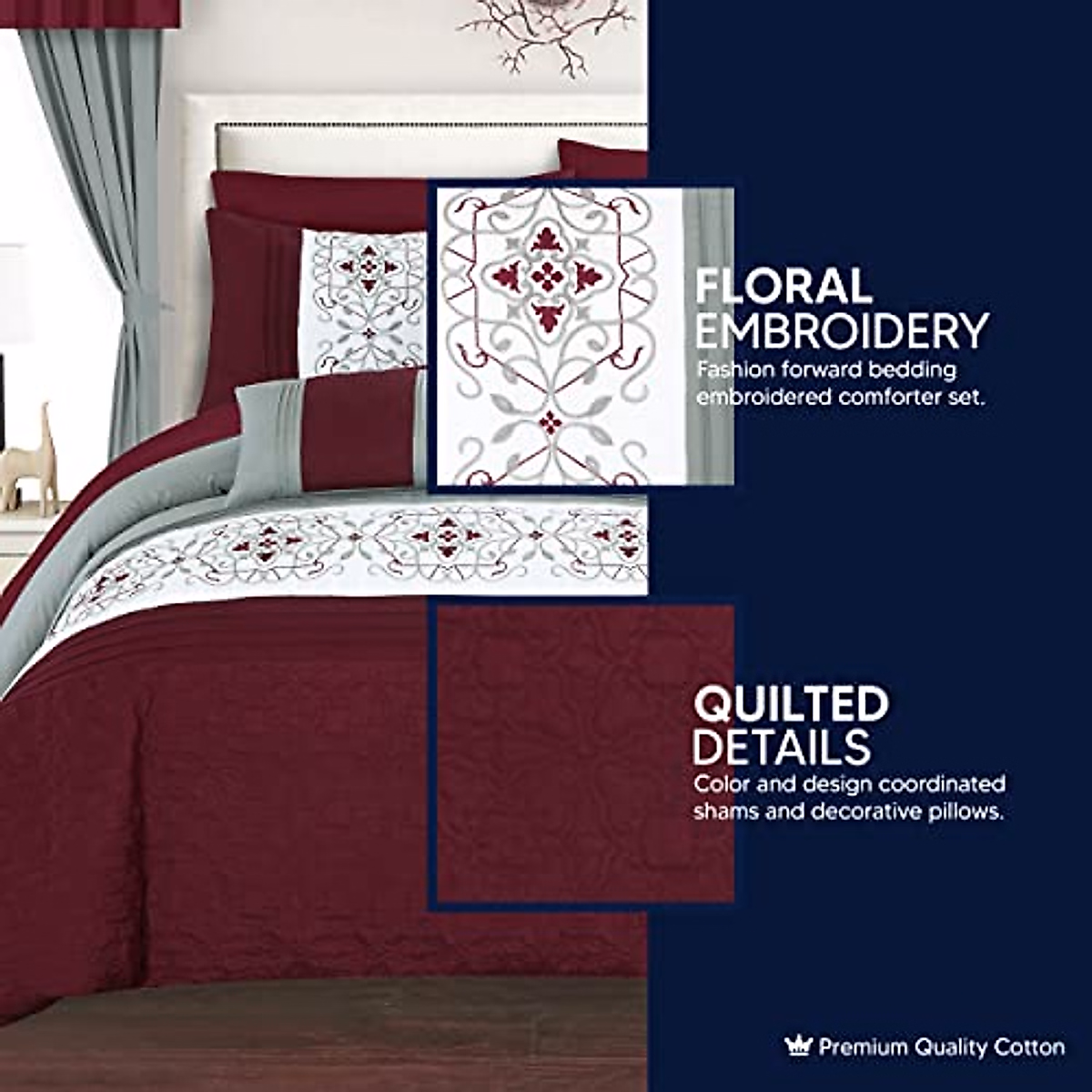 Chic Home BCS06738-AN Emily 20 Piece Comforter Set Color Block Floral Embroidered Bag Bedding, King, Burgundy