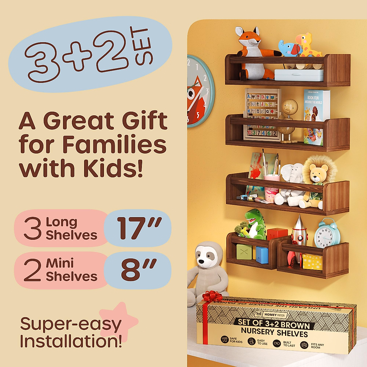 HOMEY PANDA 3+2 Floating Nursery Book Shelves for Wall: 3 Long & 2 Mini Shelves, Bookshelf for Kids & Baby Bookshelf, Nursery Book Shelf for Kids Rooms. Nursery Bookshelf (5-IN1 Walnut)