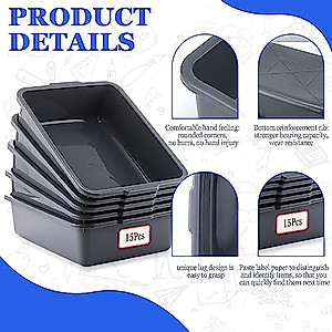 Sherr 15 Pieces 8L Food Service Bus Tubs with 20 Labels Heavy Duty Plastic Bus Box Utility Tub Commercial Wash Basin Tote Box for Home, Kitchen, Restaurant Daily Use, Toys, Hotel (Gray)