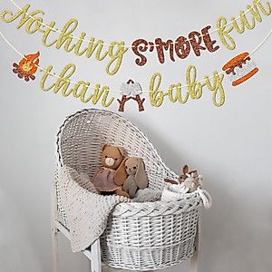 Firefairy Camping Themed Baby Shower Banner, Pre-strung Nothing S’more Fun Than a Baby Banner, S'mores Birthday Banner for Baby, Happy Camper Baby Shower Decorations, Gold ＆ Brown Glitter
