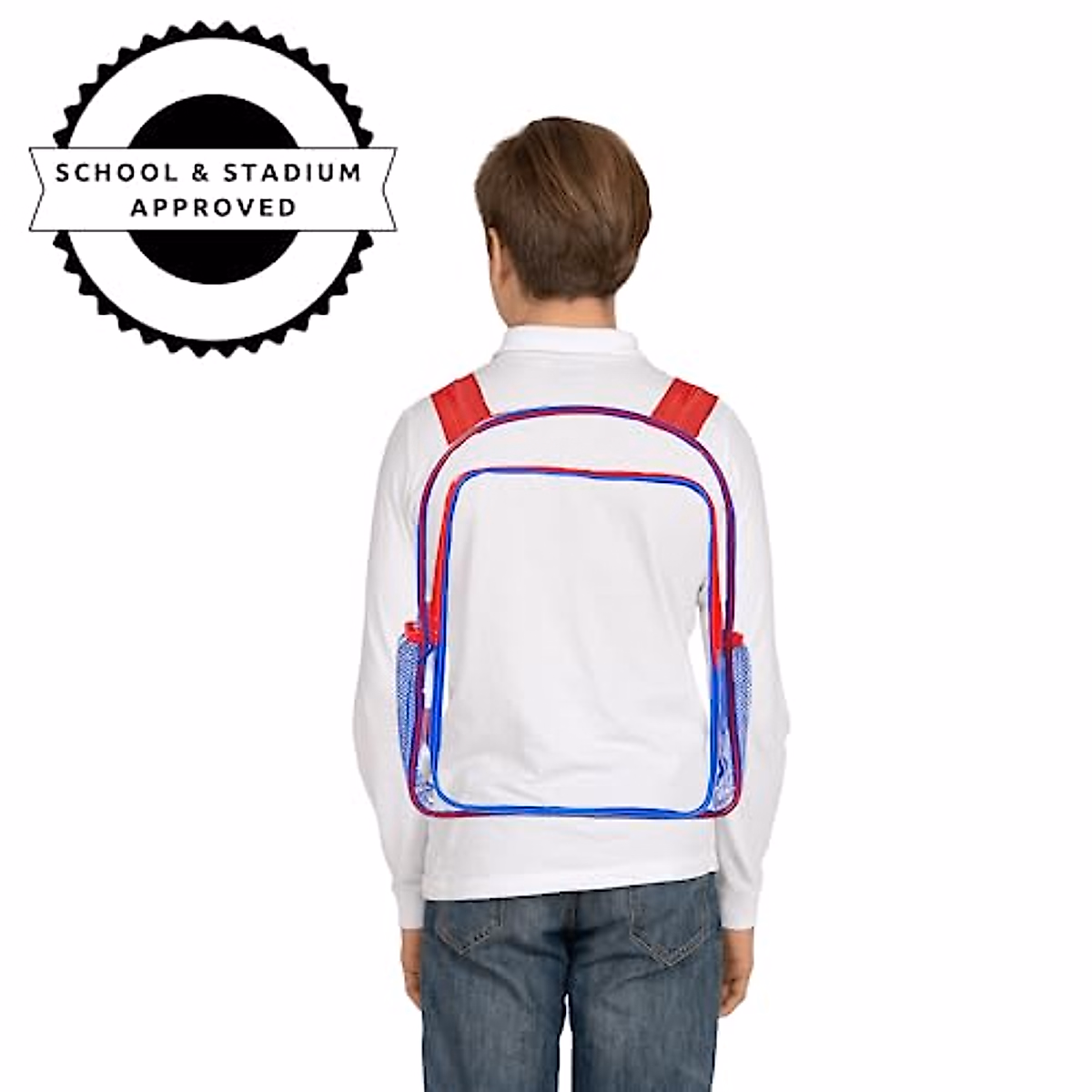 Red and Blue Clear Backpack for School, 16 inch Stadium Approved Transparent Bag