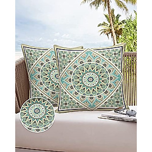 Outdoor Pillows Waterproof Pillow Covers Set of 2, Bohemian Mandala Tile Pattern Polyester Throw Pillow Covers Garden Cushion Case for Patio Funiture Sofa Decoration, 20x20inch, Boho