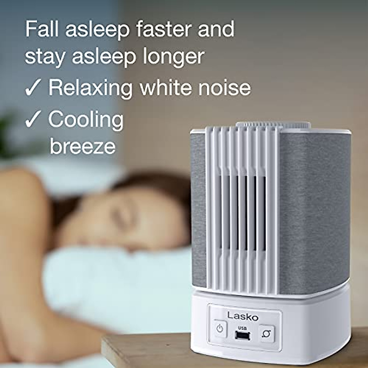 Lasko SB101 SlumberBreeze 2-in-1 Small Table Fan and White Noise Machine for Better Sleep in the Bedroom and Focus in the Home Office, White