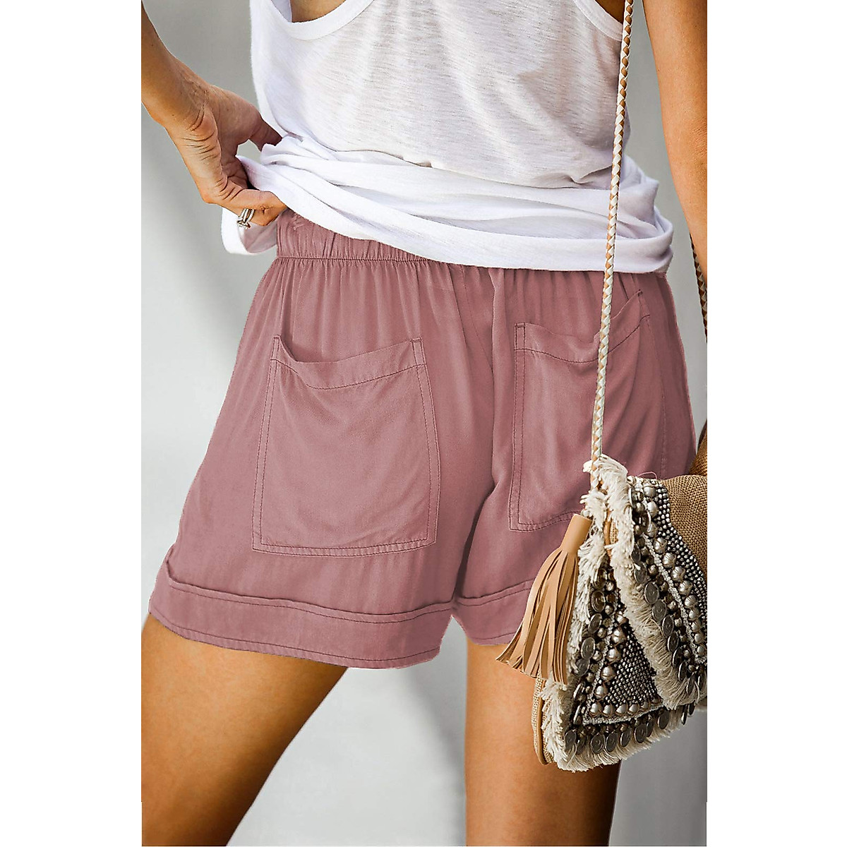 CILKOO Womens Casual Solid Drawstring Solid Elastic Waist Comfy Cotton Linen Shorts Beach Linen Shorts Pants Pockets Pink US8-10 Medium