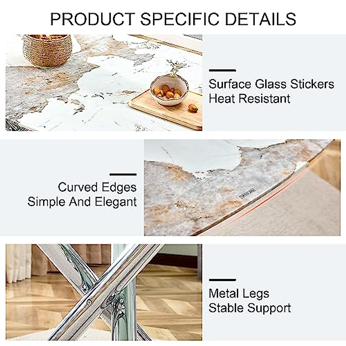 Ginxesh Faux Marble Dining Table for 6-8,71'' Large White Imitation Marble Dining Table with Double Sliver Metal Bases and Oval Corner,Modern Glass Table for Dining Room,Living Room,Kitchen,Office