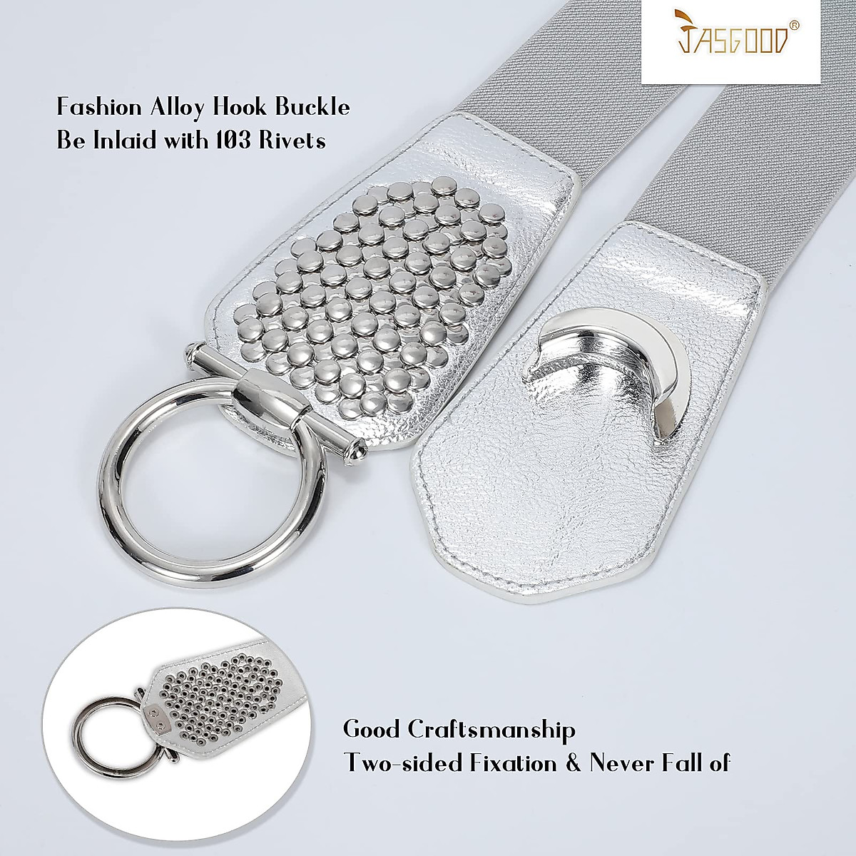 JASGOOD Women's Fashion Vintage Wide Elastic Waist Belt with Rivets Studs, E-Grey, Fit Waist 34"-40"