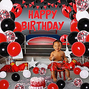 Boxing Birthday Party Decorations Boxing Match Red and Black Balloon Garland Kit Happy Birthday Backdrop Wrestling Party Decors Fight Sports with Championship Trophy Foil Balloon for Kids Men Women