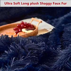 6Pcs Fluffy Faux Fur Duvet Cover Sets,Fuzzy Plush Shaggy Bedding Set(1Faux Fur Quilt Cover with Velvet Fabric Inner+1Flannel Flat Sheet+2 Shaggy Pillowcases+2 Heart Pillows) Zipper Closure Navy King