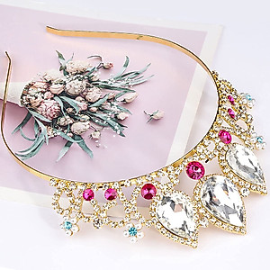 COCIDE Girls Crystal Tiara Gold Birthday Crown Rapunzel Pearl Headband for Kid Rhinestone Princess Hairpiece for Women Red Gem Wedding Hair Accessories for Flower Girls Halloween Costume Cosplay Gift