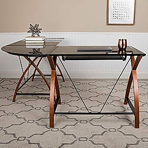 Flash Furniture Jude Black Glass L-Shape Corner Computer Desk with Pull-Out Keyboard Tray