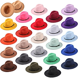 Sureio 24 Pcs Women Fedora Hats Bulk, Panama Hat Wide Brim Hats Belt Buckle Felt Fedora Hat Classic Stylish Fall Hats Country Ladies Hats Packable for Women Men Vacation Assorted Colors