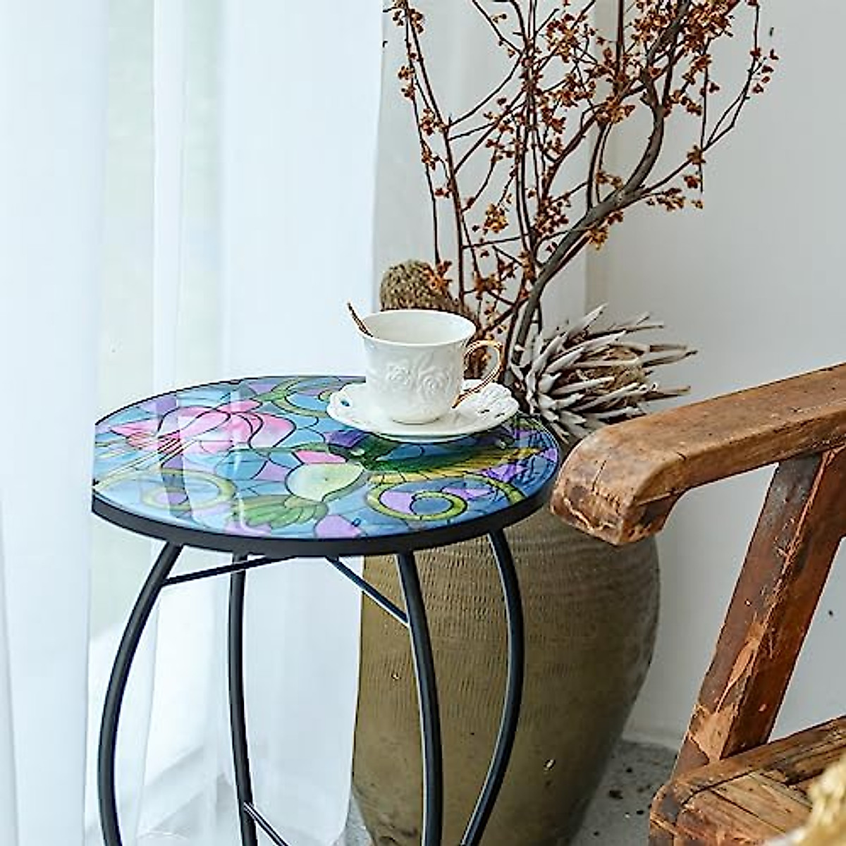 VCUTEKA Mosaic Patio Side Table Outdoor Accent Table Bistro Coffee Table Plant End Table Small Porch Table Indoor Round Glass Balcony Hummingbird Plant Table Stands