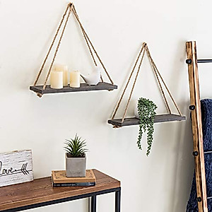 MyGift 17-inch Dark Gray Wood Hanging Rope Swing Shelves, Set of 2